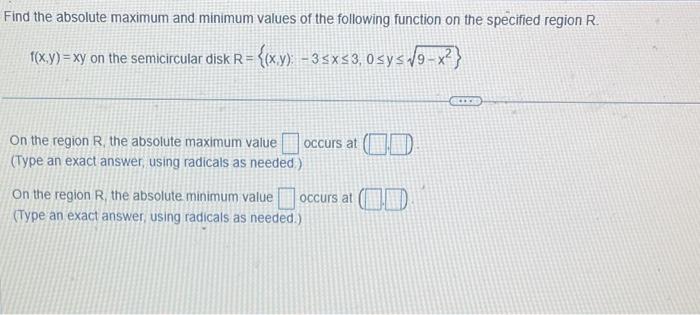 Solved Find the absolute maximum and minimum values of the | Chegg.com