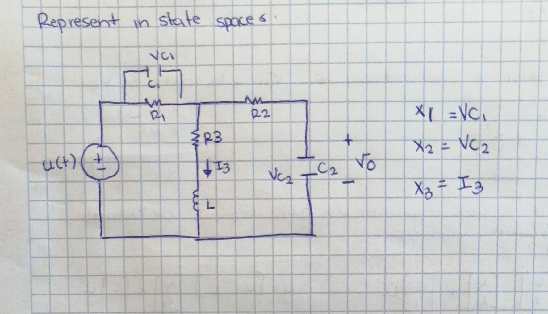 Solved Represent in state spaces. x1=VC1x2=VC2x3=I3 | Chegg.com