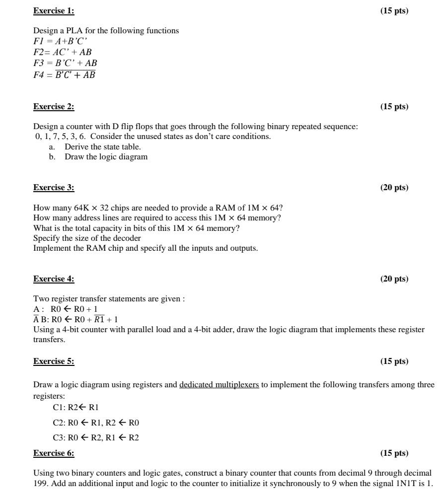 Solved Exercise 1: (15 pts) Design a PLA for the following | Chegg.com