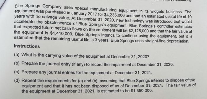 Solved Blue Springs Company uses special manufacturing | Chegg.com