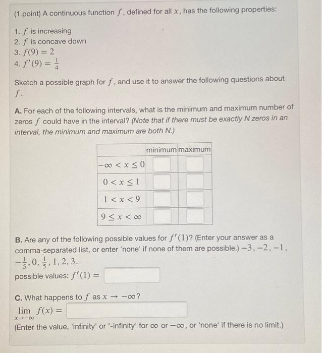 Solved (1 point) A continuous function f. defined for all x, | Chegg.com