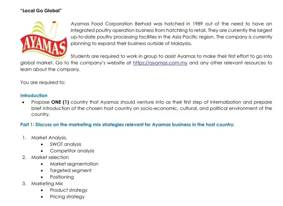 Solved "Local Go Global" Ayamas Food Corporation Berhad was | Chegg.com
