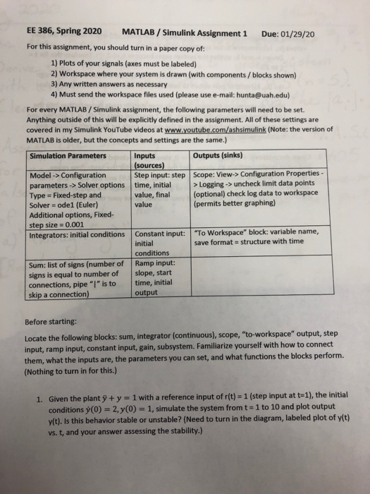 Solved Ee 386 Spring 2020 Matlab Simulink Assignment 1 