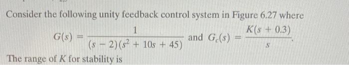 Solved Consider the following unity feedback control system | Chegg.com