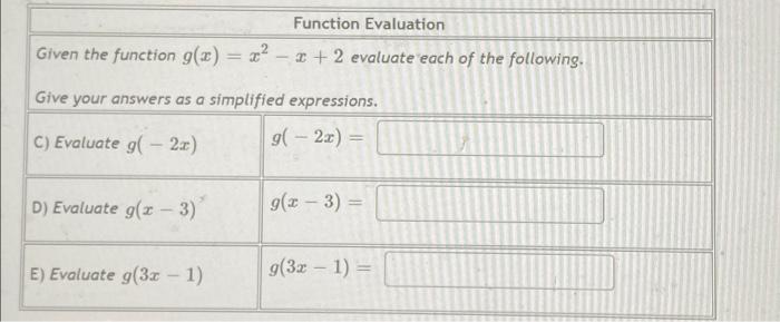 Solved Function Evaluation Given the function g(x) = x2 - 2 | Chegg.com