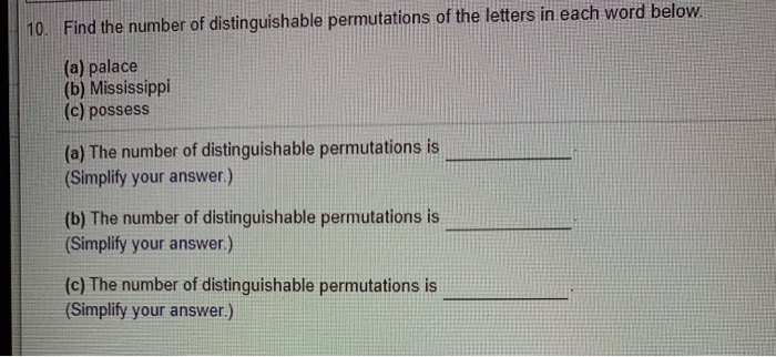 Solved 10. Find the number of distinguishable permutations | Chegg.com