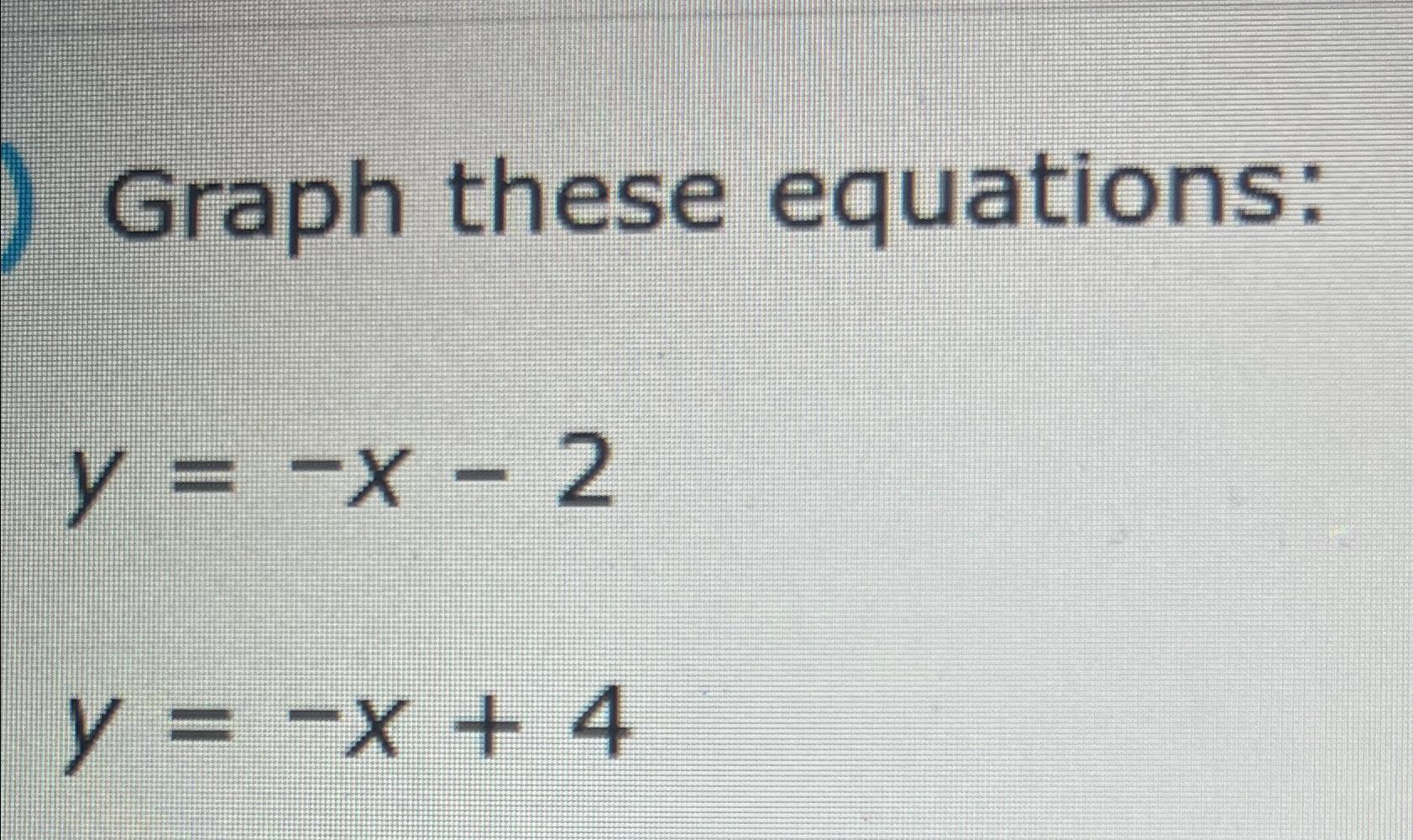 Graph these equations:y=-x-2y=-x+4 | Chegg.com