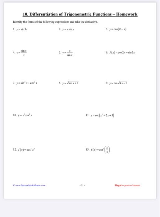 Solved 10. Differentiation of Trigonometric Functions - | Chegg.com