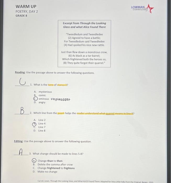 WARM UP POETRY, DAY 2 GRADE 8 LOWMAN CONSULTING | Chegg.com