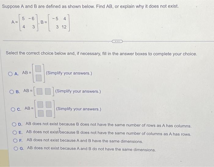 Solved Suppose A and B are defined as shown below. Find AB, | Chegg.com