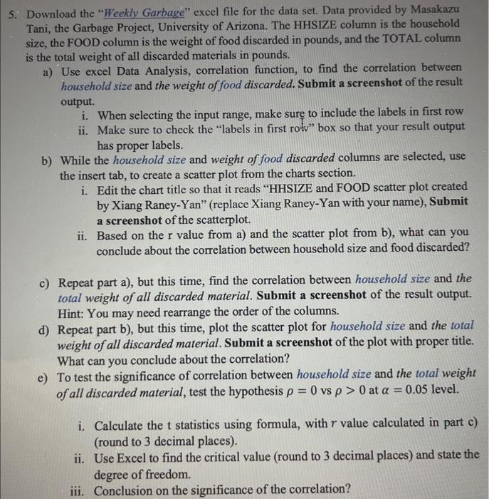 Solved Download the "Weekly Garbage" excel file for the data | Chegg.com