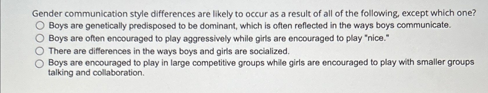 Solved Gender communication style differences are likely to | Chegg.com