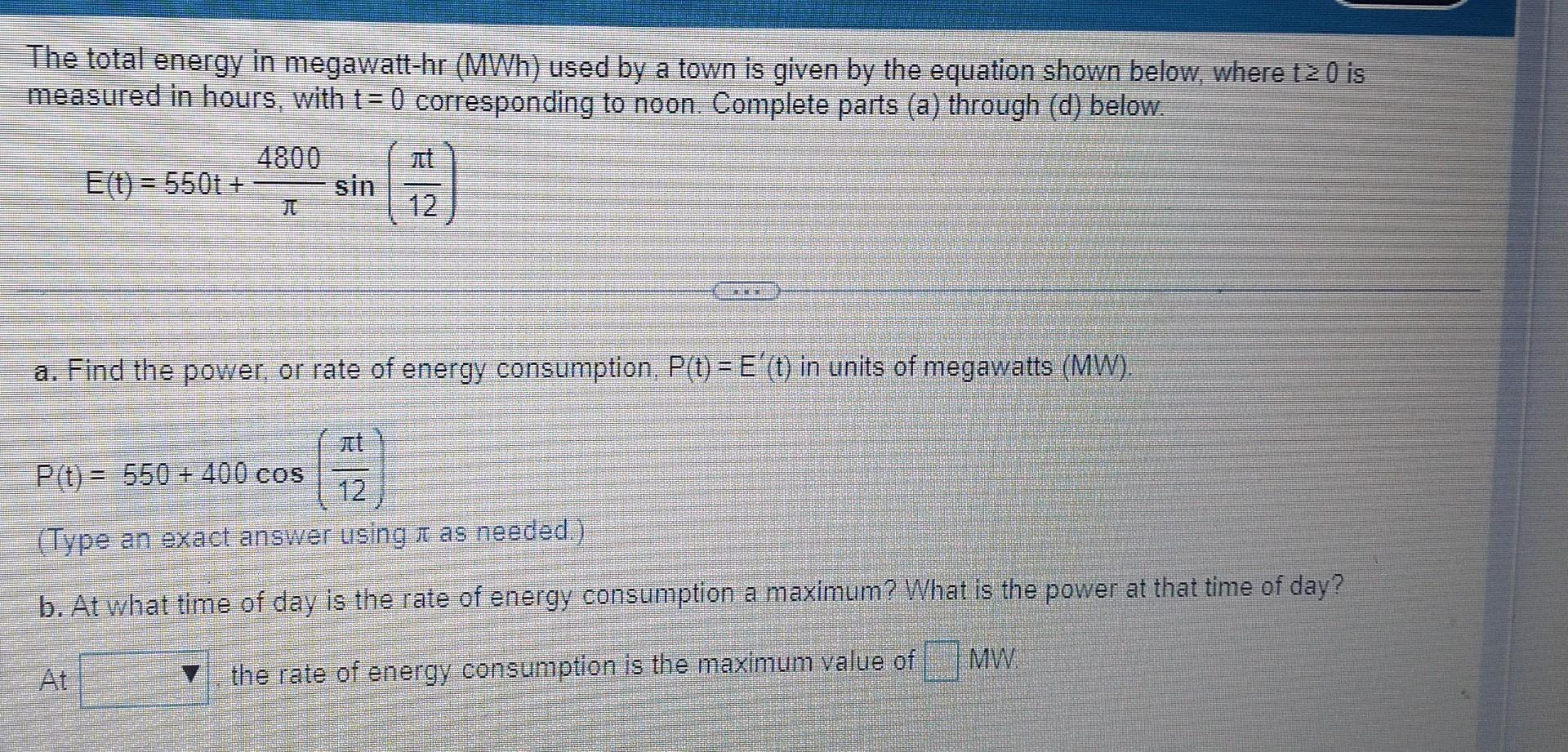 Solved The total energy in megawatt-hr (MWh) used by a town | Chegg.com