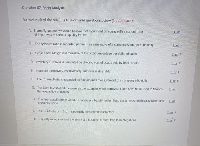 Solved Question #7 Ratio Analysis Answer each of the ten | Chegg.com