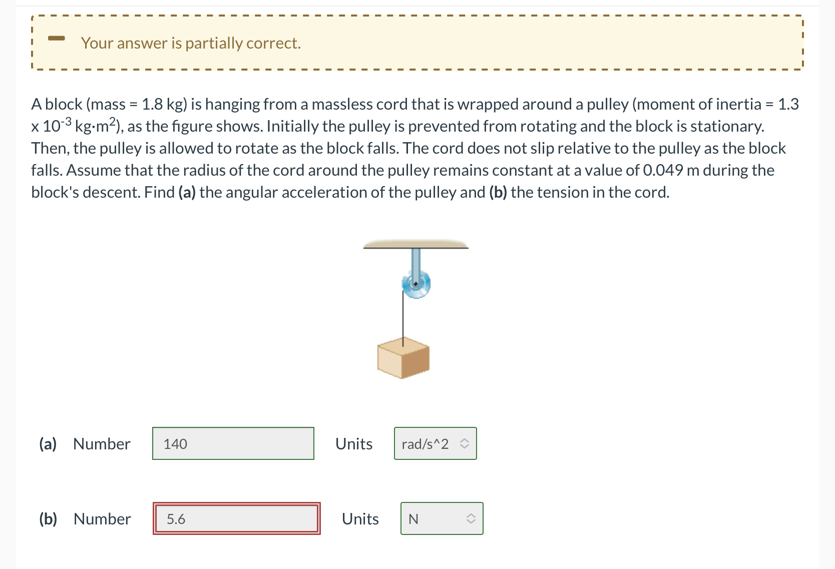 Solved Your answer is partially correct.A block (mass = 1.8 | Chegg.com