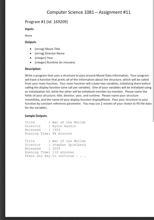 Solved Computer Science 1081 - Assignment #11 Program #1 | Chegg.com