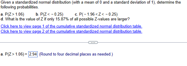 Solved Given a standardized normal distribution (with a mean | Chegg.com
