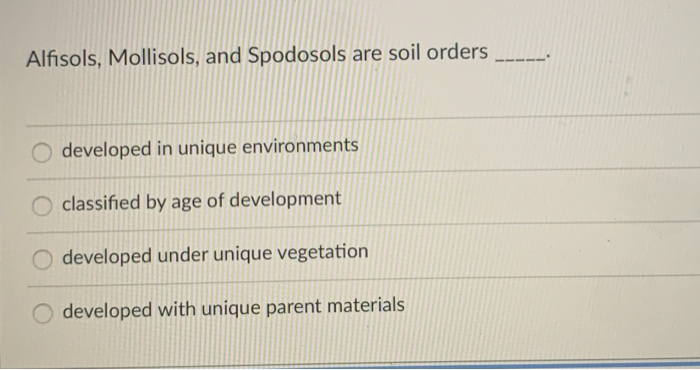 Solved Alfisols, Mollisols, and Spodosols are soil orders | Chegg.com