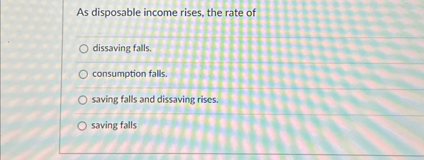 Solved As disposable income rises, the rate ofdissaving | Chegg.com