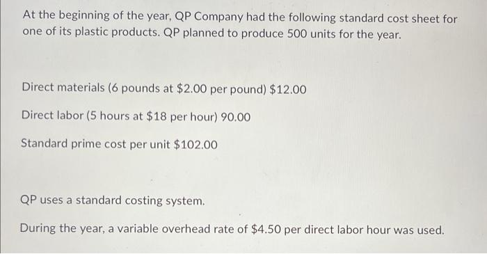 Solved At the beginning of the year, QP Company had the | Chegg.com