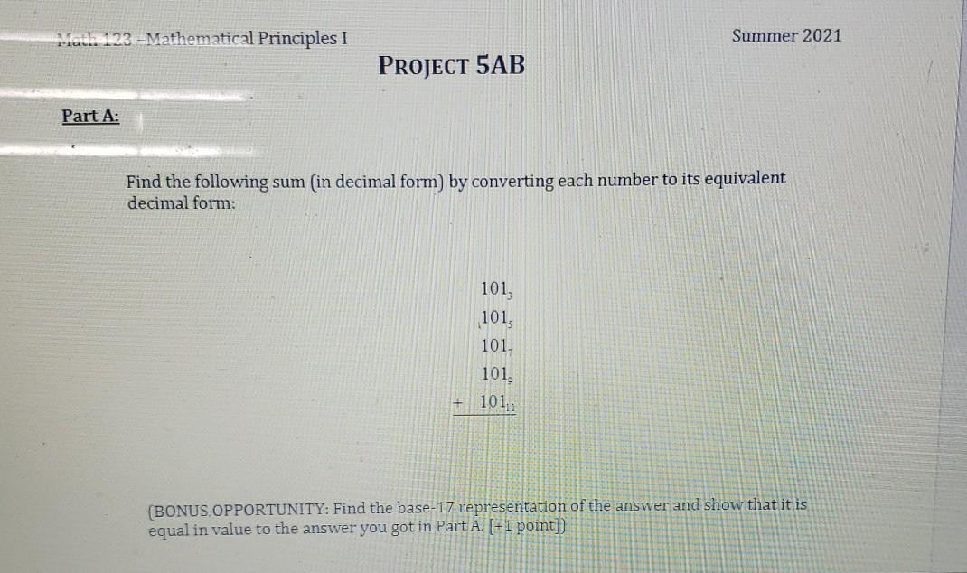 Solved Math 123 -Mathematical Principles I Summer 2021 | Chegg.com