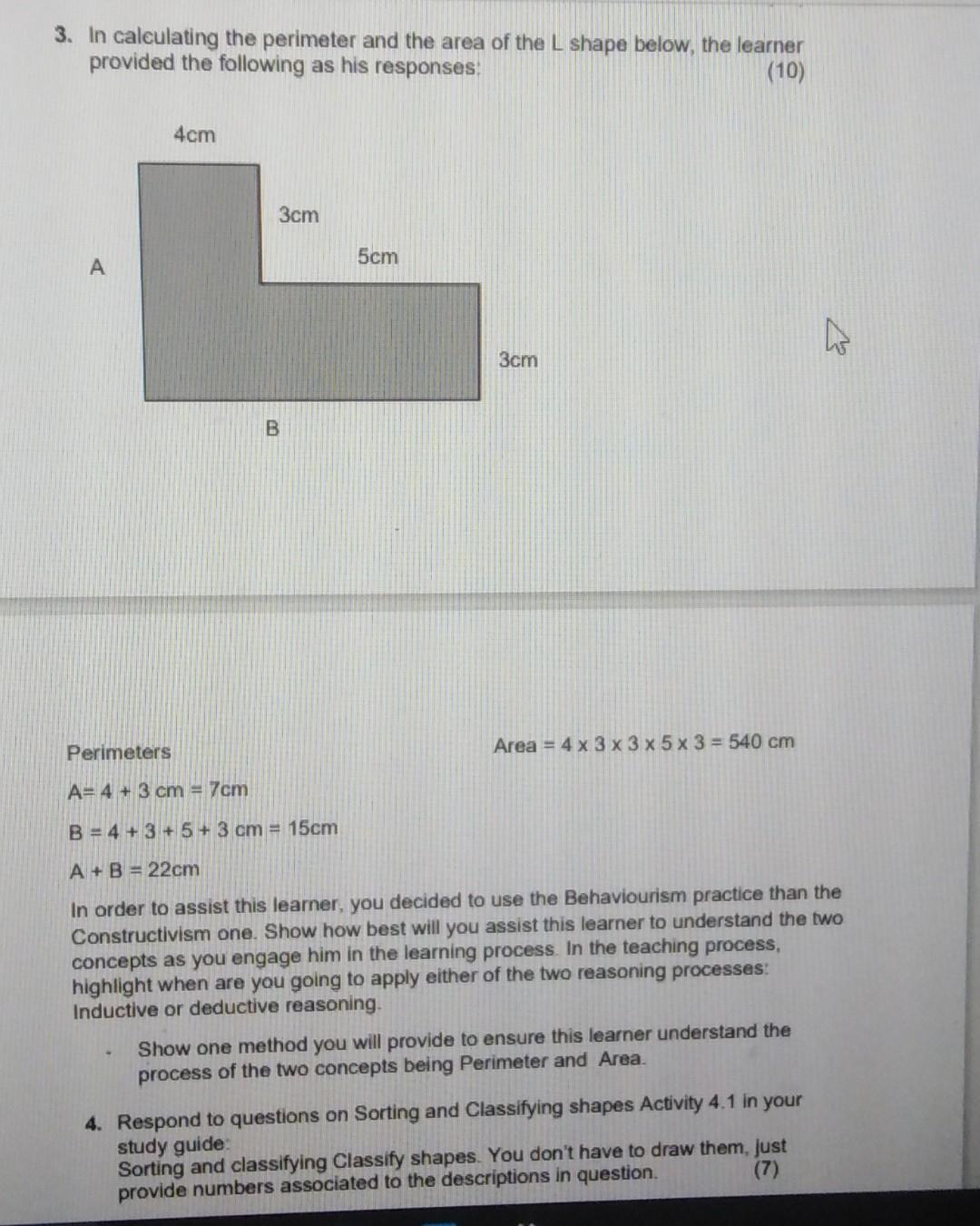 Solved 3. In calculating the perimeter and the area of the L | Chegg.com