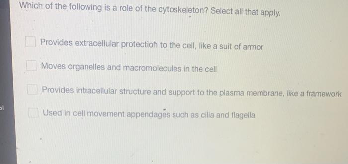 Solved Which of the following is a role of the cytoskeleton? | Chegg.com