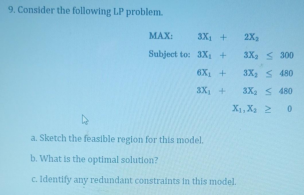 Solved 9. Consider the following LP problem. MAX: 3X1+2X2 | Chegg.com