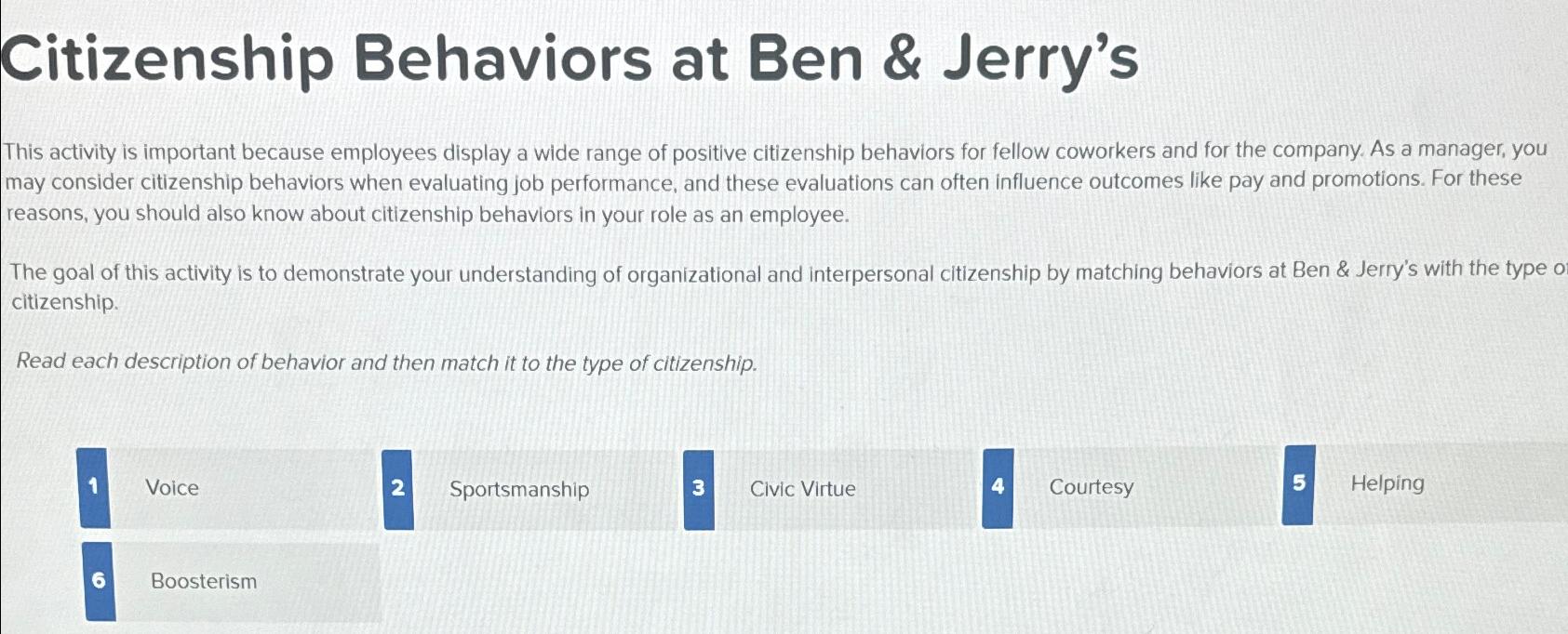 Solved Citizenship Behaviors at Ben & Jerry'sThis activity | Chegg.com