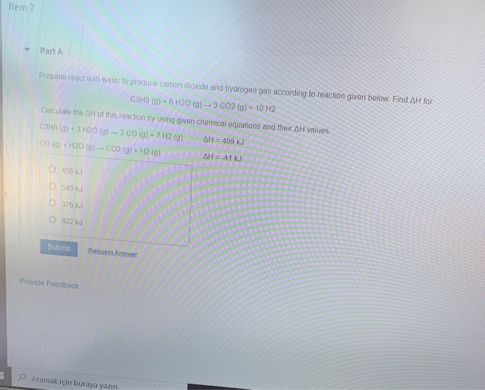 Solved Item 7 Part A Propane react with water to produce | Chegg.com