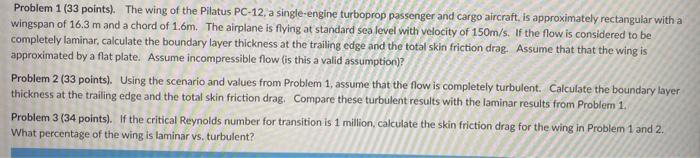 Solved Problem 1 (33 points). The wing of the Pilatus PC-12, | Chegg.com