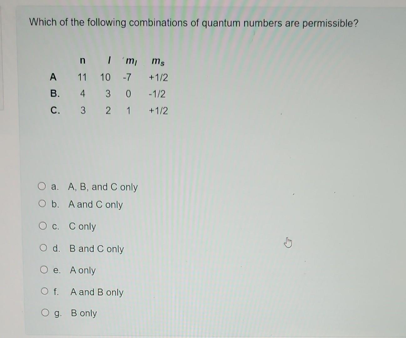 Solved Which of the following combinations of quantum | Chegg.com