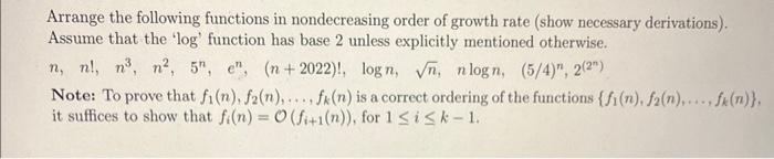 Solved Arrange the following functions in nondecreasing | Chegg.com