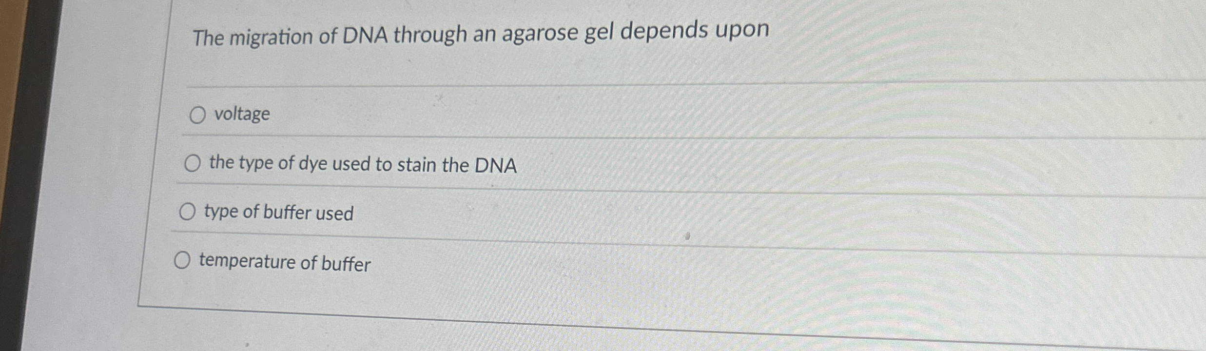Solved The migration of DNA through an agarose gel depends | Chegg.com