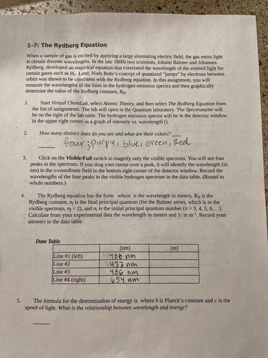 Solved 1-7: The Rydberg Equation When a sample of gas is | Chegg.com
