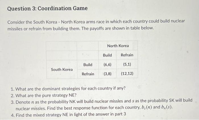 Solved Question 3: Coordination Game Consider the South | Chegg.com