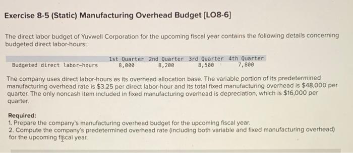 Solved Exercise 8-5 (Static) Manufacturing Overhead Budget | Chegg.com Solved Exercise 8-5 (Static) Manufacturing Overhead Budget | Chegg.com
