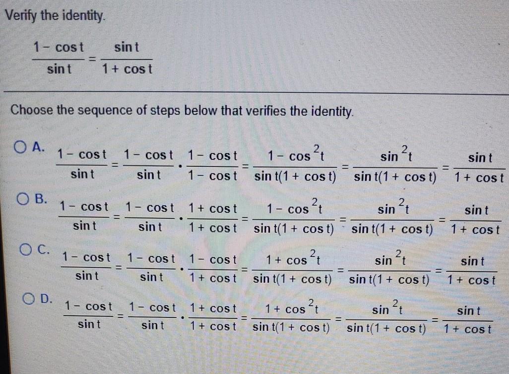 Solved Verify the identity. 1- cost sint sint 1 + cost | Chegg.com