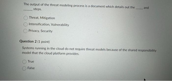 Solved The output of the threat modeling process is a | Chegg.com