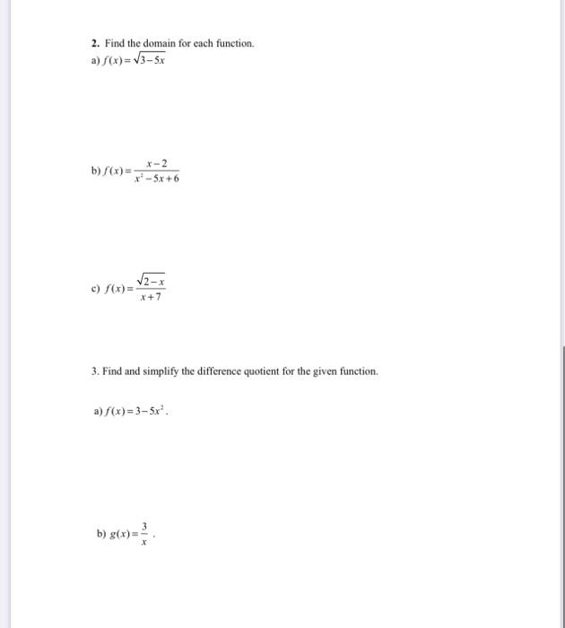 Solved 2. Find the domain for each function. a) f(x)=√√3- | Chegg.com