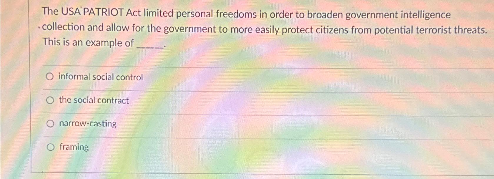 Solved The USA PATRIOT Act limited personal freedoms in | Chegg.com