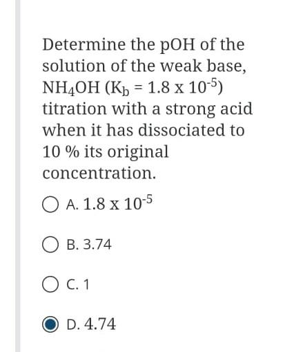 Solved Determine the pOH of the solution of the weak base, | Chegg.com