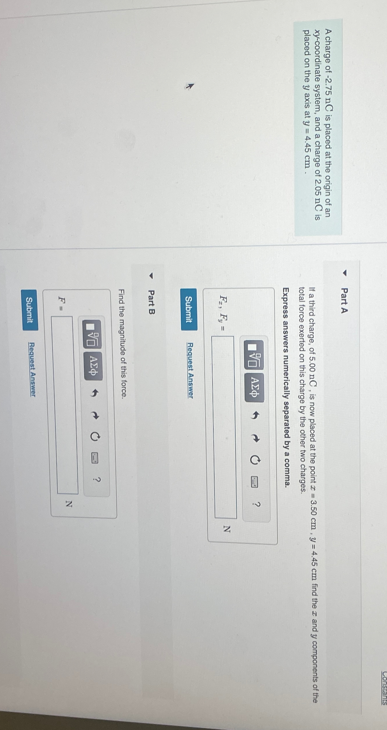 Solved Part AA charge of -2.75nC ﻿is placed at the origin of | Chegg.com