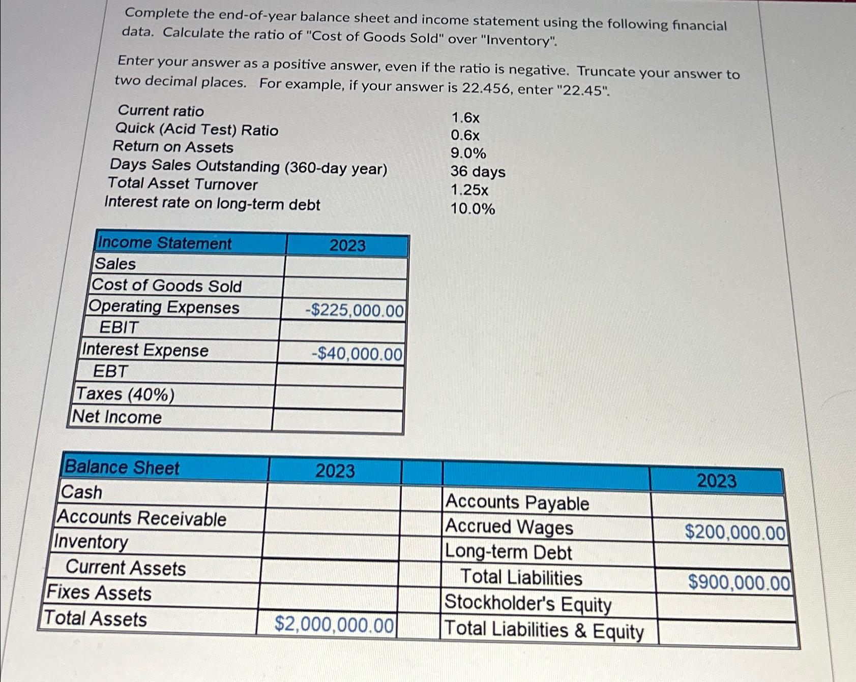 Solved Complete the end-of-year balance sheet and income | Chegg.com