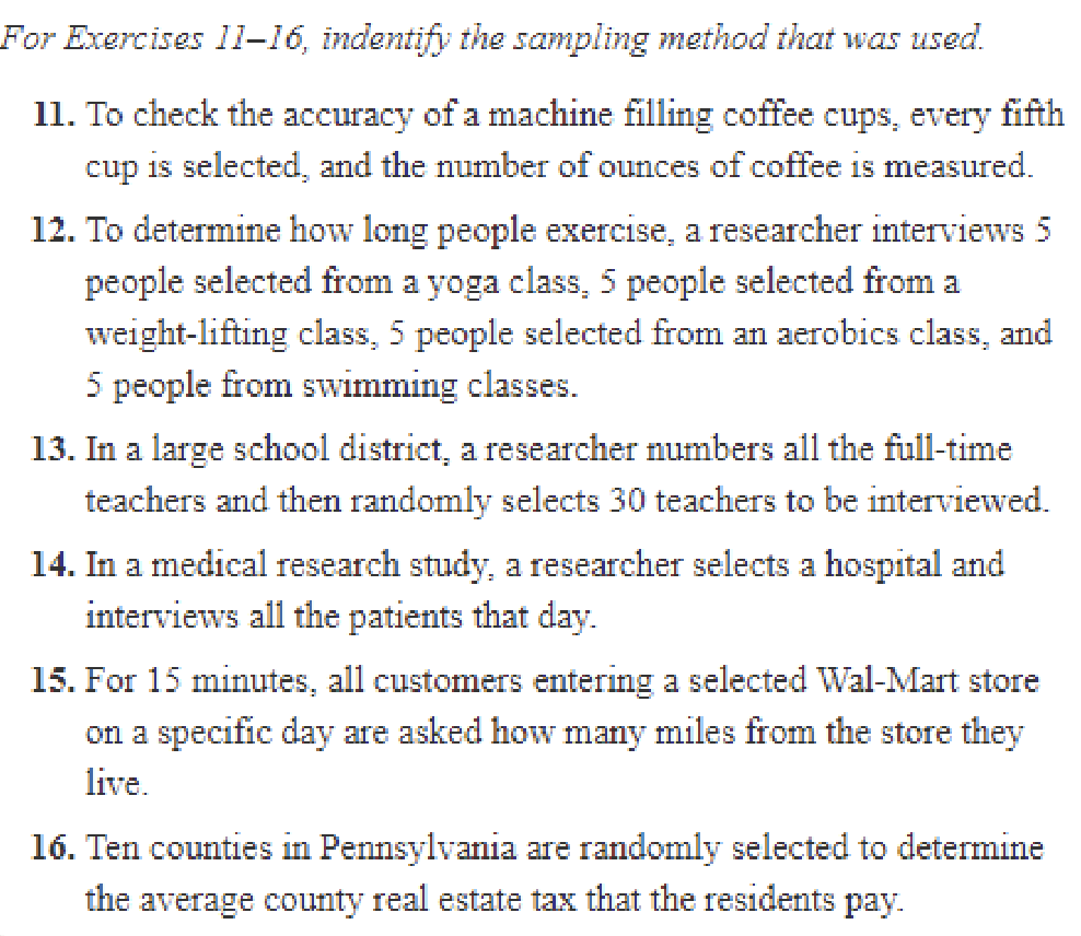 Solved For Exercises 11-16, ﻿indentify the sampling method | Chegg.com