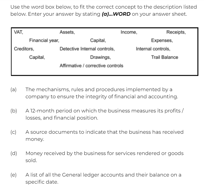 Solved Use the word box below, to fit the correct concept to | Chegg.com