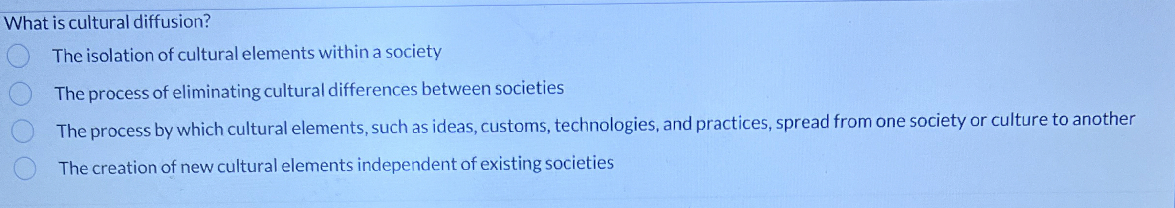 Solved What is cultural diffusion?The isolation of cultural | Chegg.com