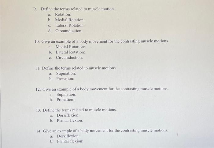 Solved 9. Define the terms related to muscle motions. a. | Chegg.com