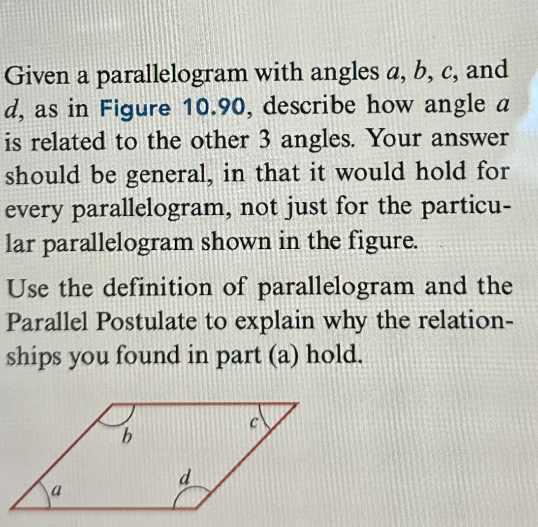 Solved Given a parallelogram with angles a,b,c, ﻿andd, ﻿as | Chegg.com