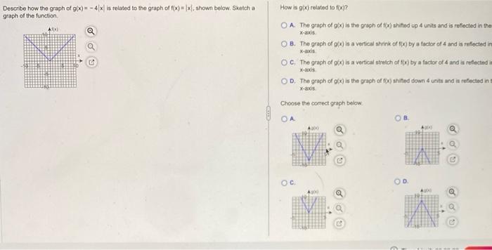 Solved Describe how the graph of g(x)=−4∣x∣ is related to | Chegg.com
